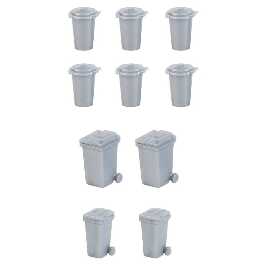 Model railway standard dustbins and four wheelie bins, two large, two ...